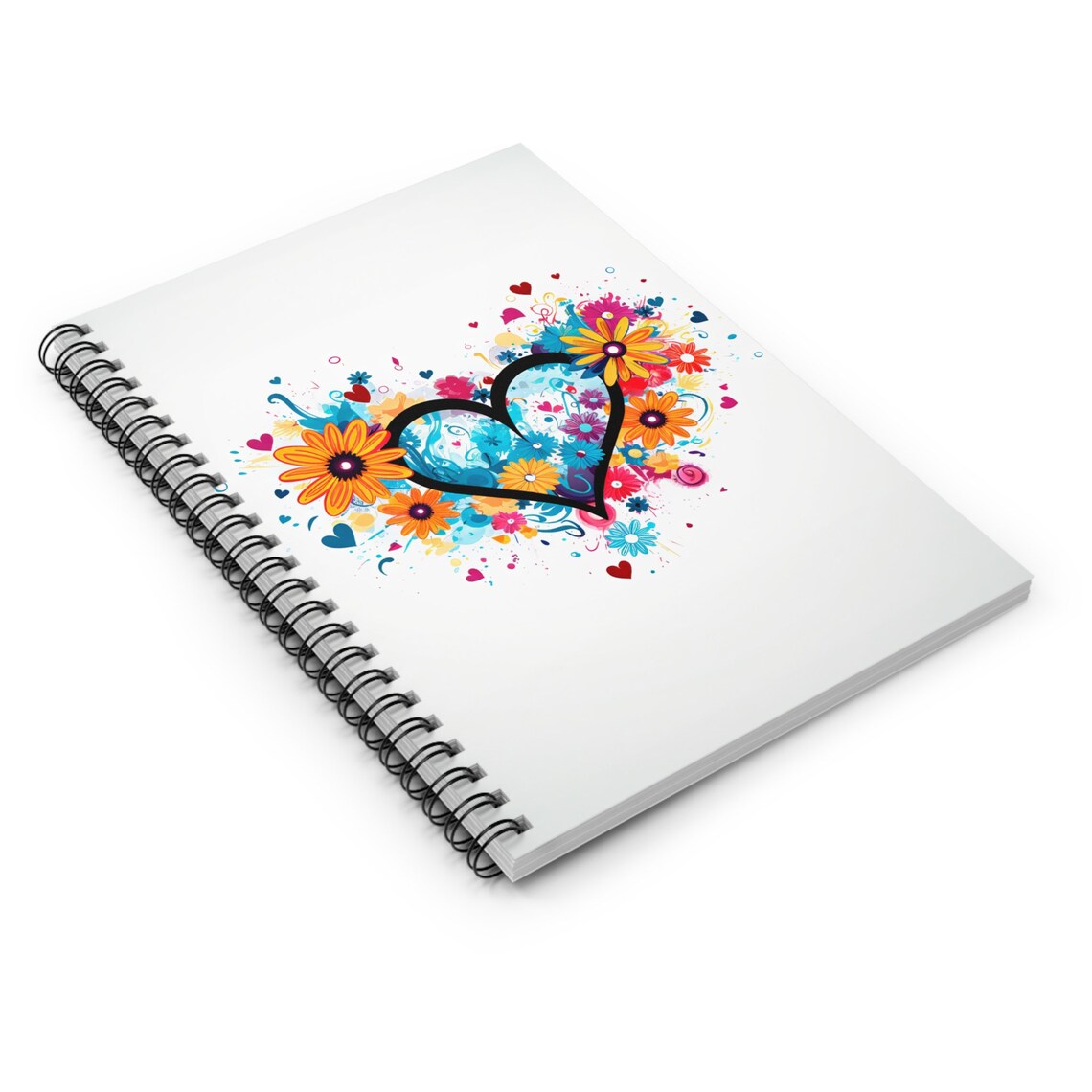 Retro Peace and Love Heart Spiral Notebook - Colorful Flowers, Hearts ...