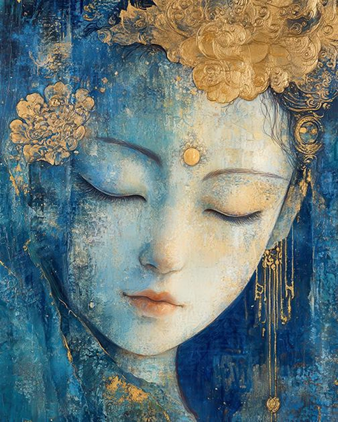 Kwan Yin Digital Art Print | Blue Gold Buddha Goddess Wall Art ...