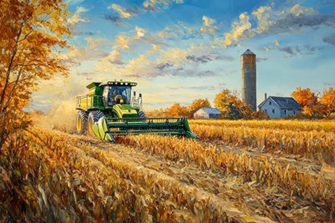 Harvest Time Farm Scene Digital Art Print | Rustic Combine Harvester ...