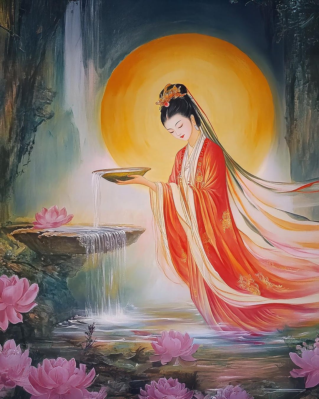 Guanyin Waters of Compassion Digital Art Print Sacred Waterfall Lotus ...