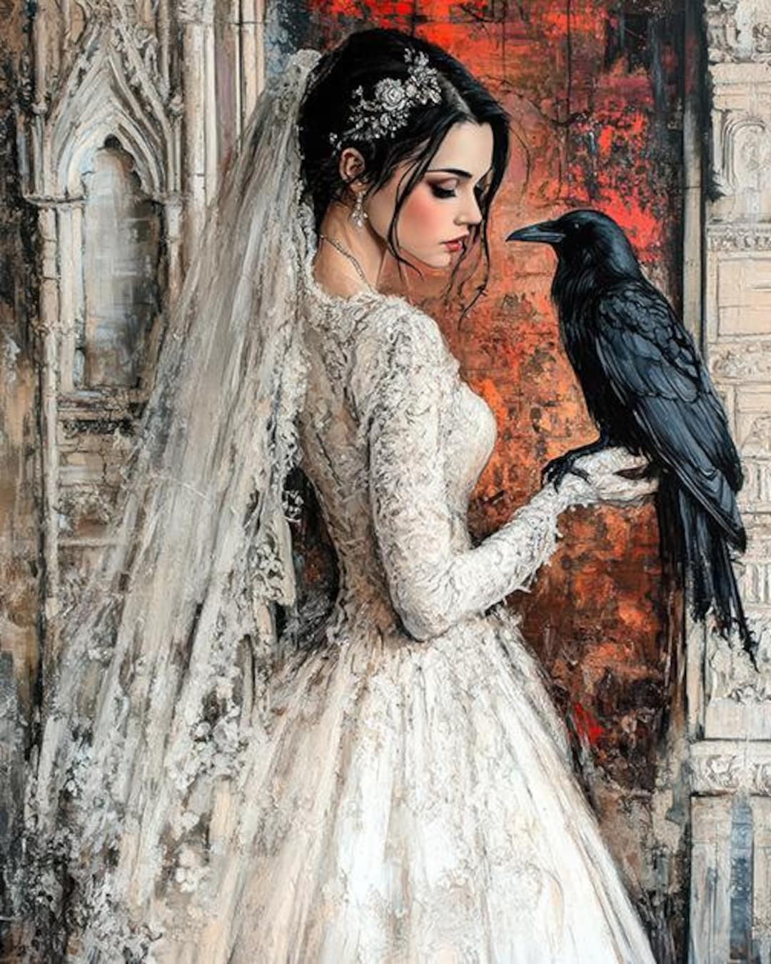 Gothic Bride Raven Digital Art Print | Dark Fantasy Wedding Wall Decor ...