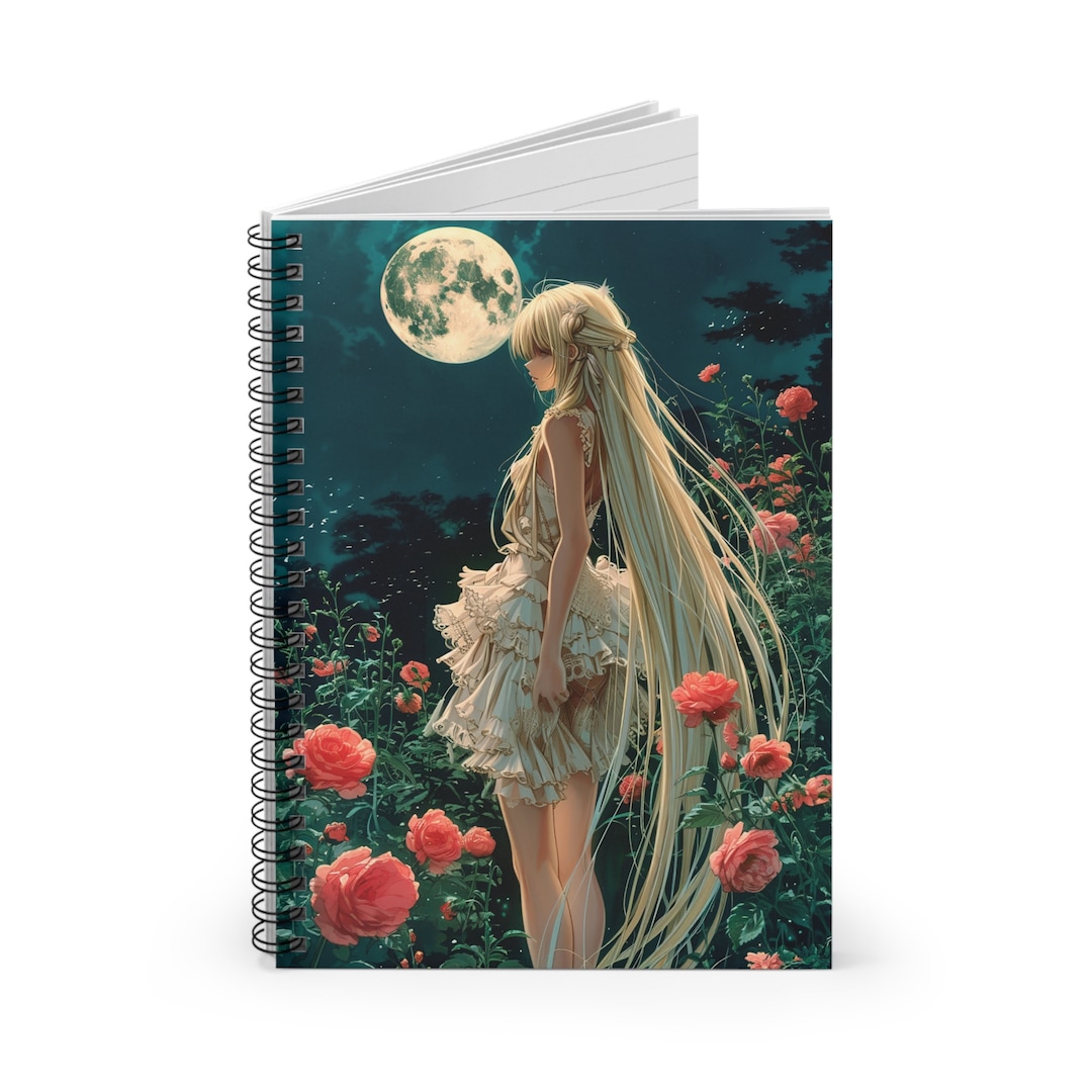 Anime Robot Girl in Moonlit Rose Garden Spiral Notebook - Fantasy Art ...