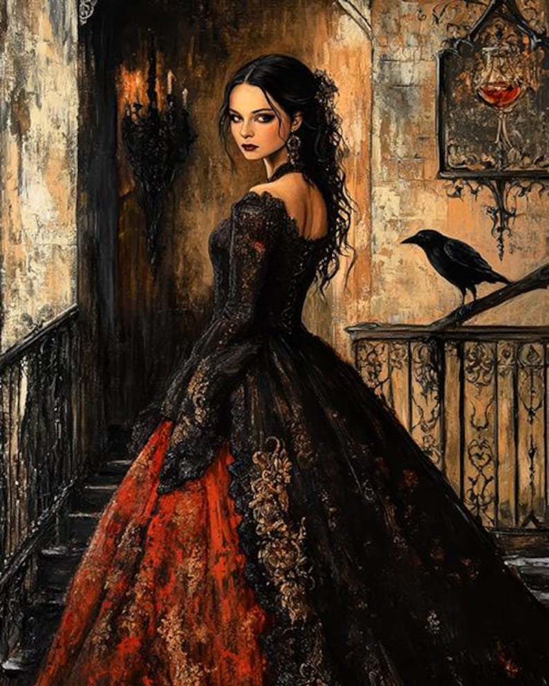 Gothic Queen Black Red Ball Gown Digital Art Print | Victorian Dark Fantasy Wall Art | Perfect ...