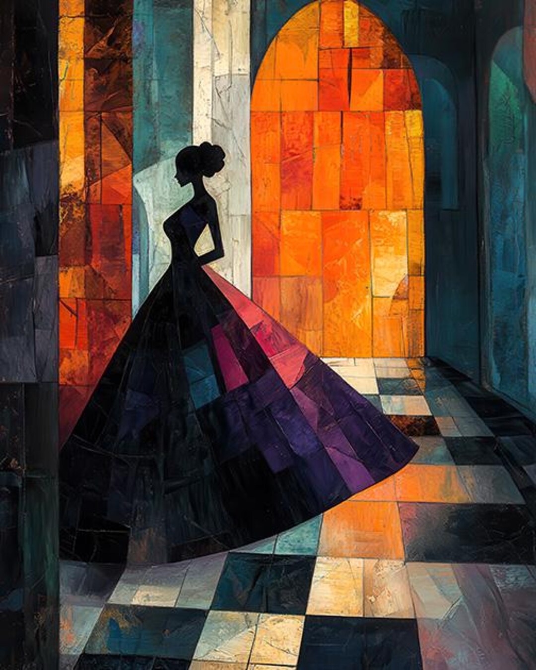 Abstract Silhouette Woman Digital Art Print | Stained Glass Ball Gown ...