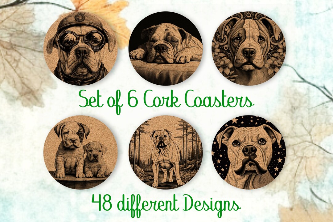 American Bulldog, Coasters Gift, Set of 6, Cork Coasters With Holder ...