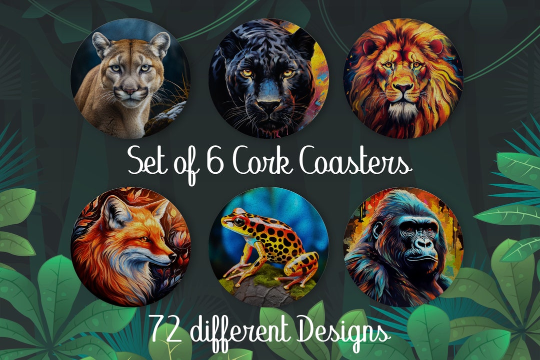 Safari Animal Coasters, Set of 6, Color Cork Coasters With Holder ...