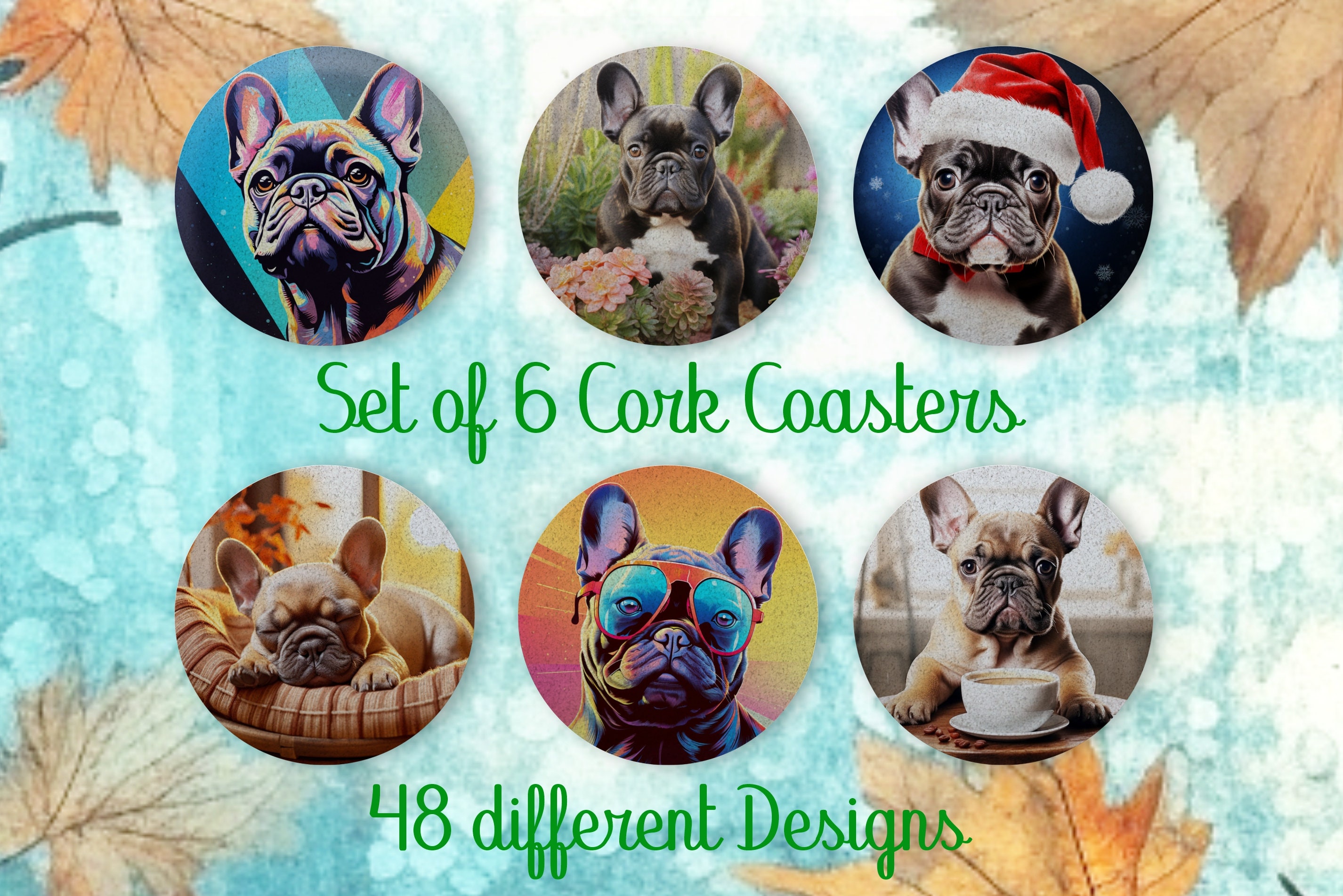 French Bulldog, Coasters Gift, Set of 6, Cork Coasters With Holder ...