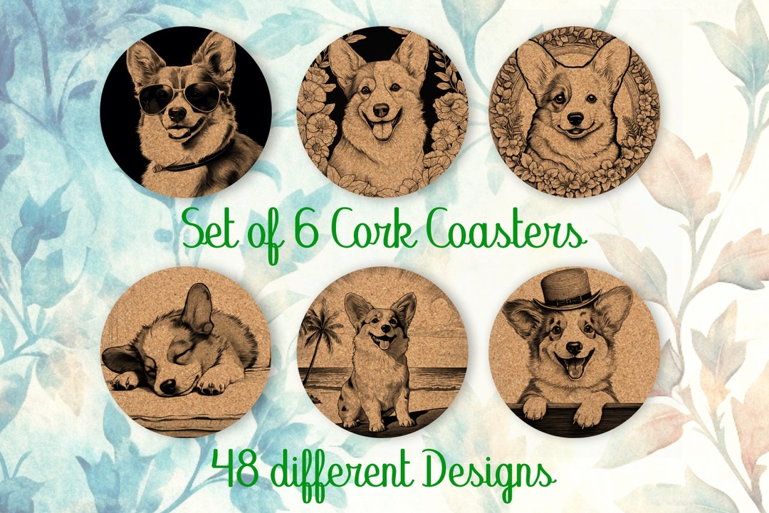 Pembroke Welsh Corgi, Coasters, Set of 6, Cork Coasters With Holder ...