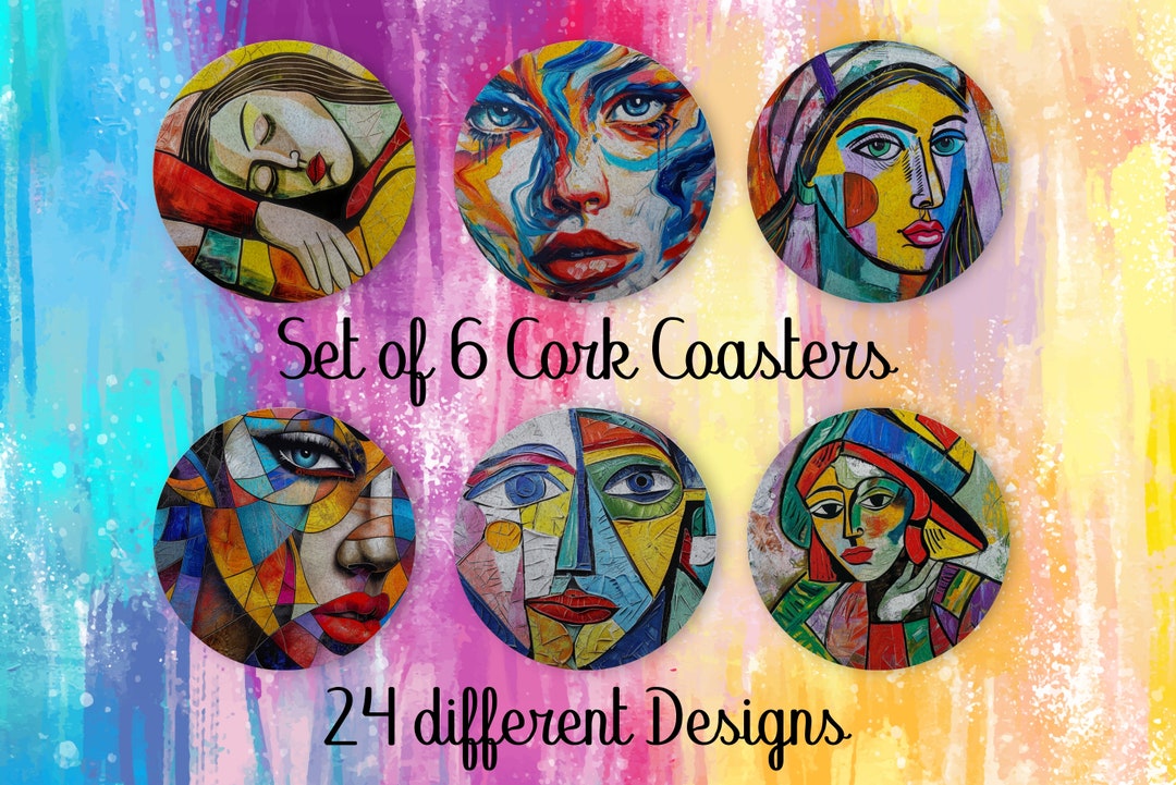 Artistic Abstract Faces Coasters, Set of 6, Color Cork Coasters With ...