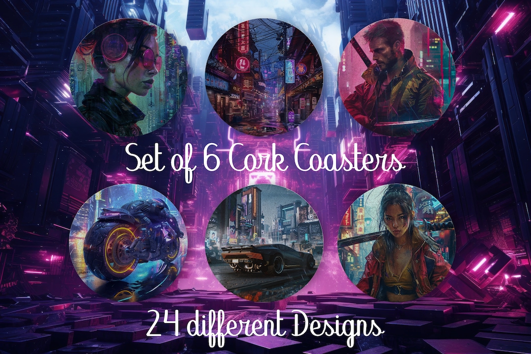 Cyberpunk Coaster, Coasters Gift, Set of 6, Color Coaster With Holder ...