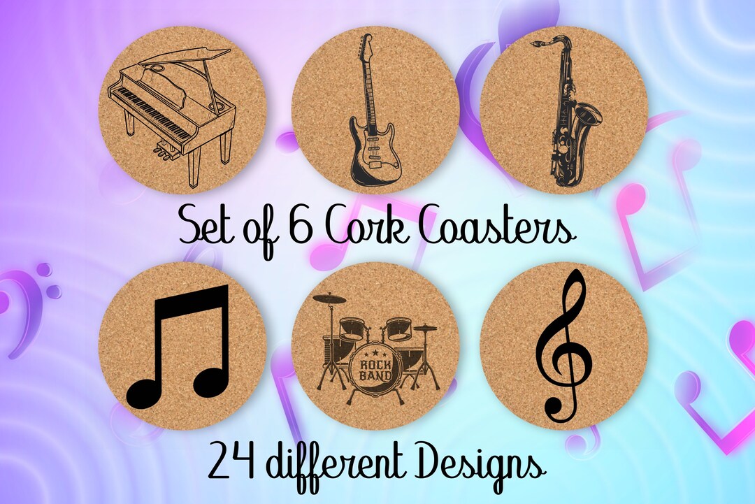 Musical Coasters, Musical Instruments, Set of 6, Cork Coaster With ...