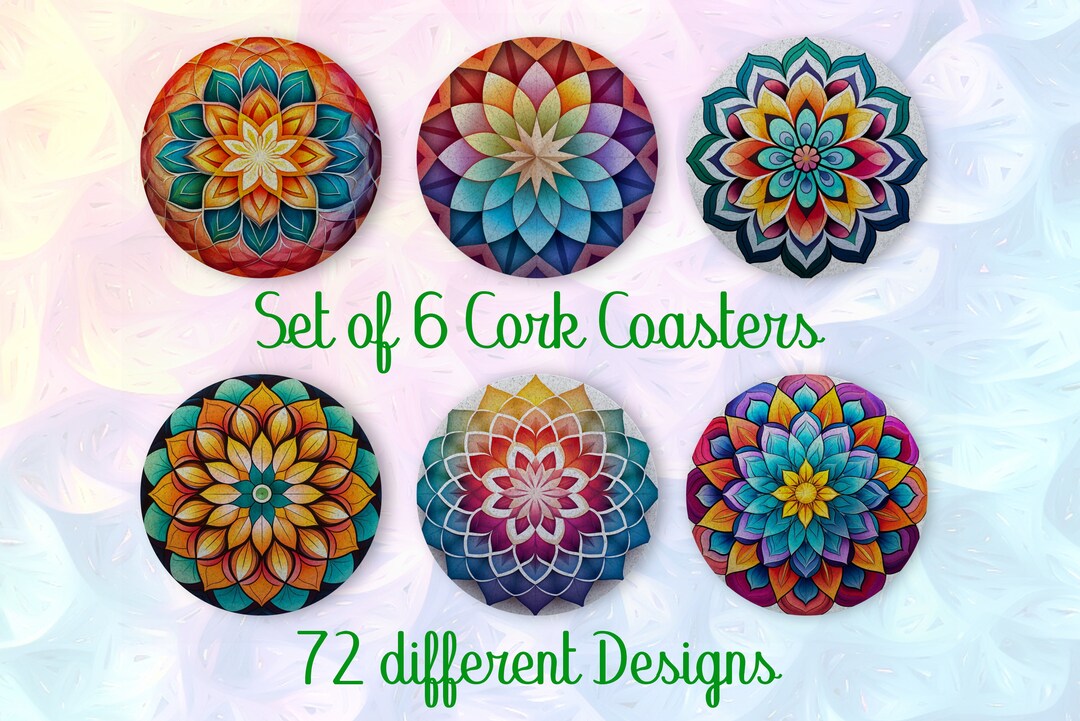 Geometric Patterns, Mandala Art, Set of 6, Cork Coasters With Holder ...