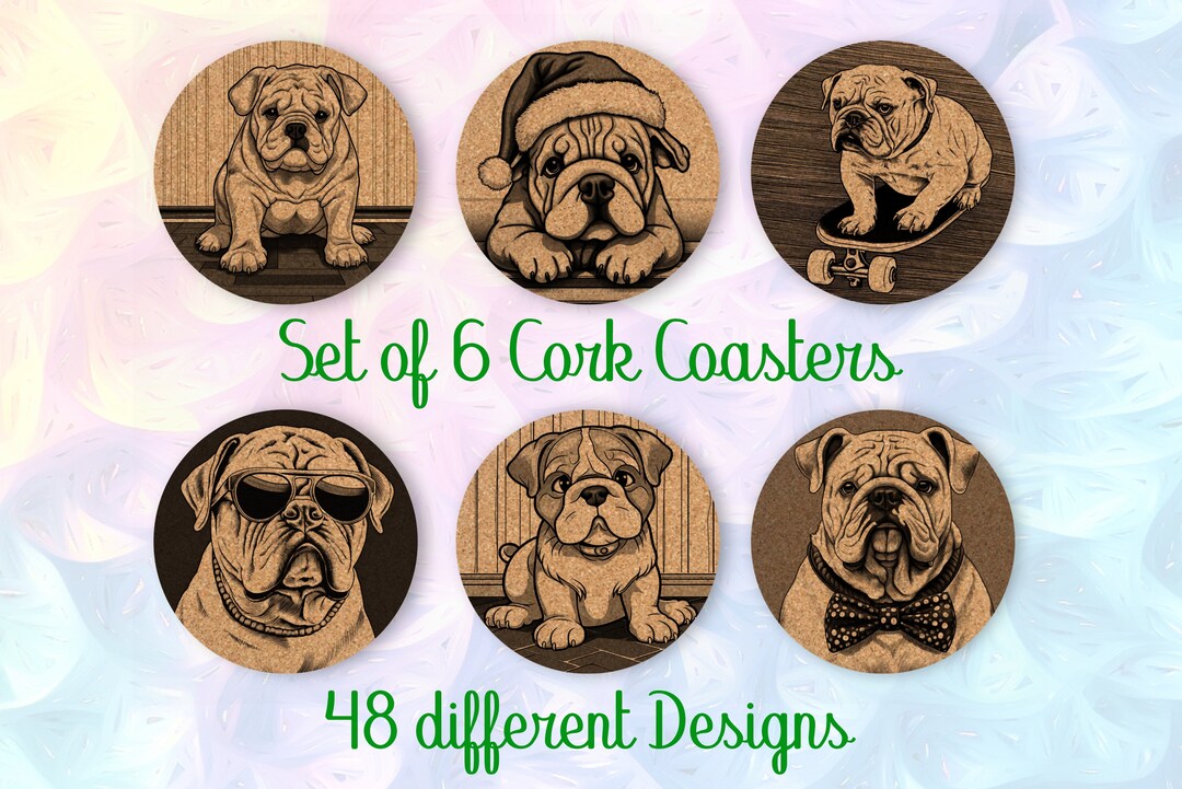English Bulldog, Coasters Gift, Set of 6, Cork Coasters With Holder ...