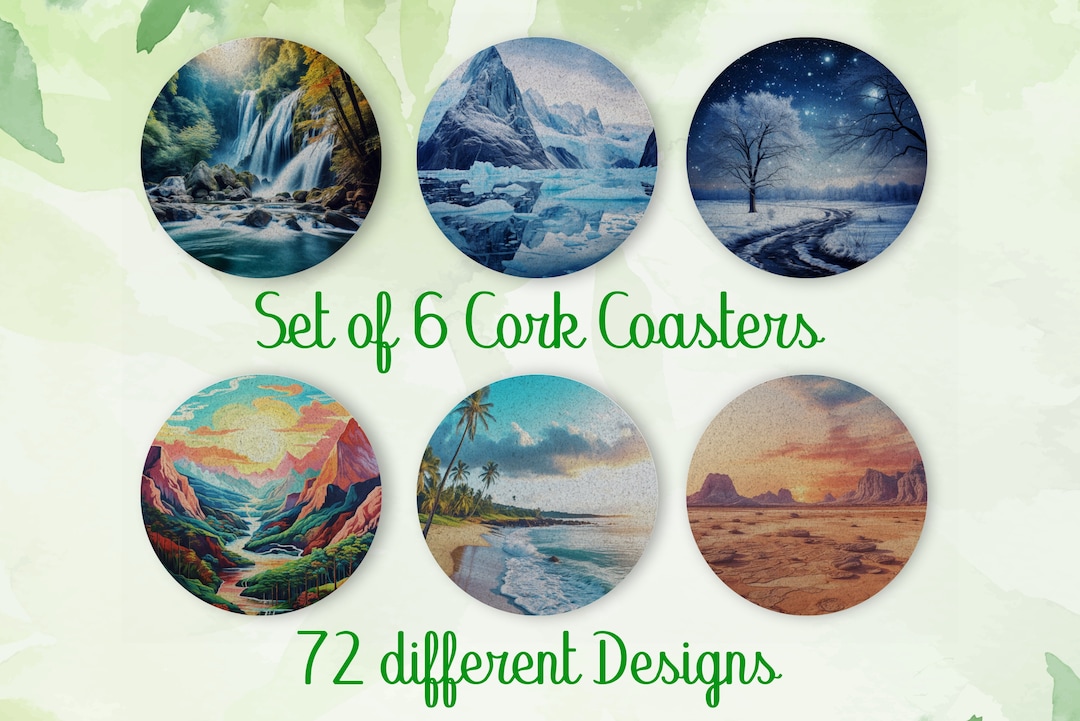 Natural Landscapes, Coasters Gift, Set of 6, Cork Coasters With Holder ...