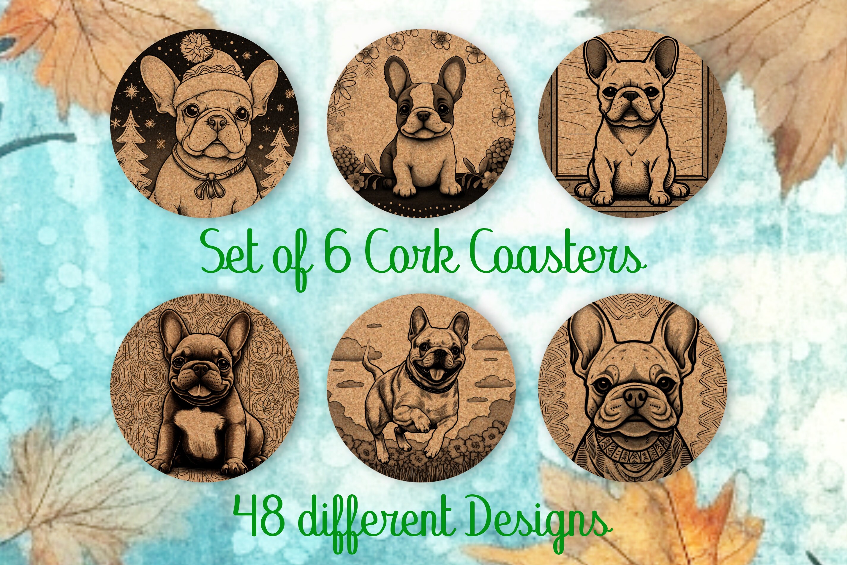 French Bulldog Coasters Gift Set of 6 Cork Coasters With - Etsy