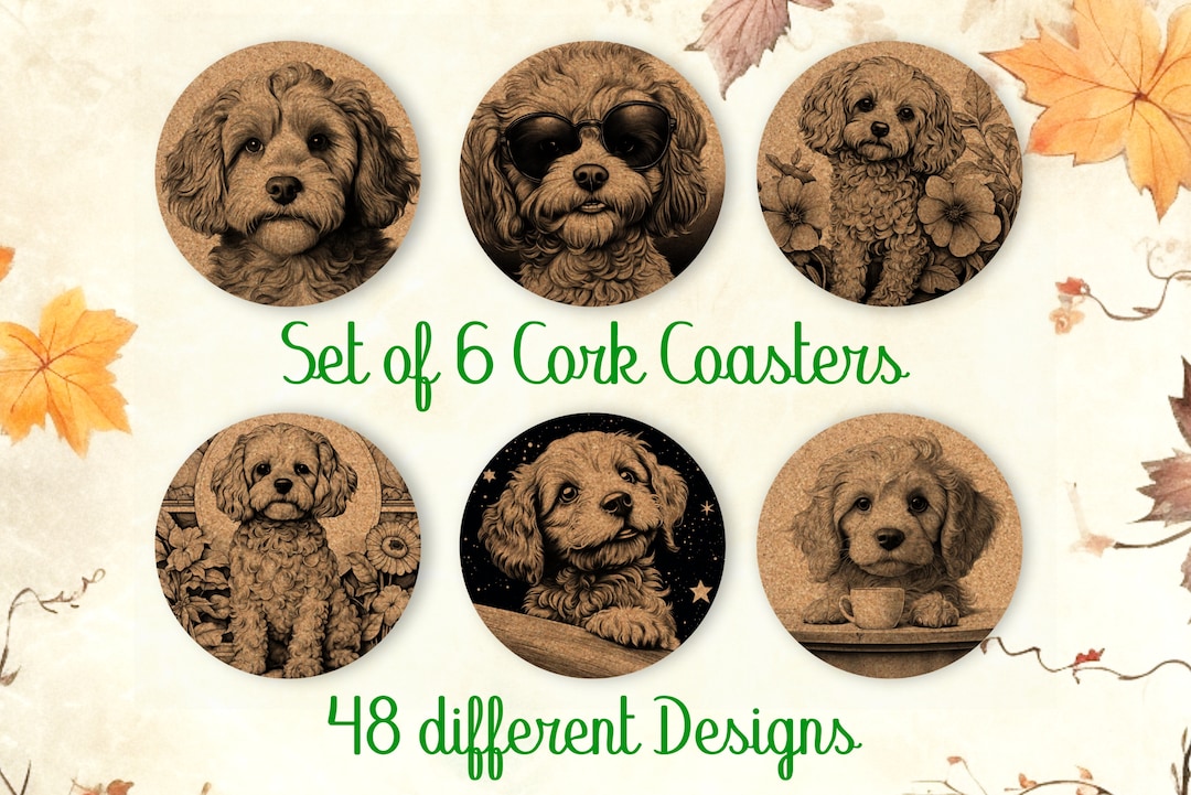 Cavapoo Dog, Coasters Gift, Set of 6, Cork Coasters With Holder ...