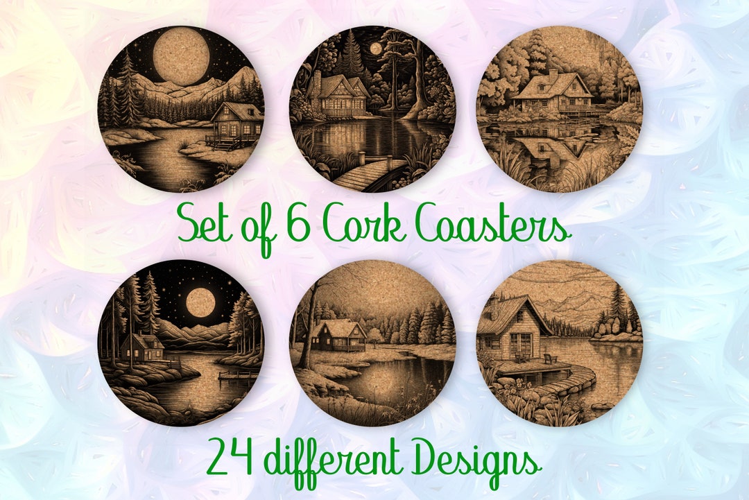 Lake House, Coasters Gift, Set of 6, Cork Coasters With Holder ...
