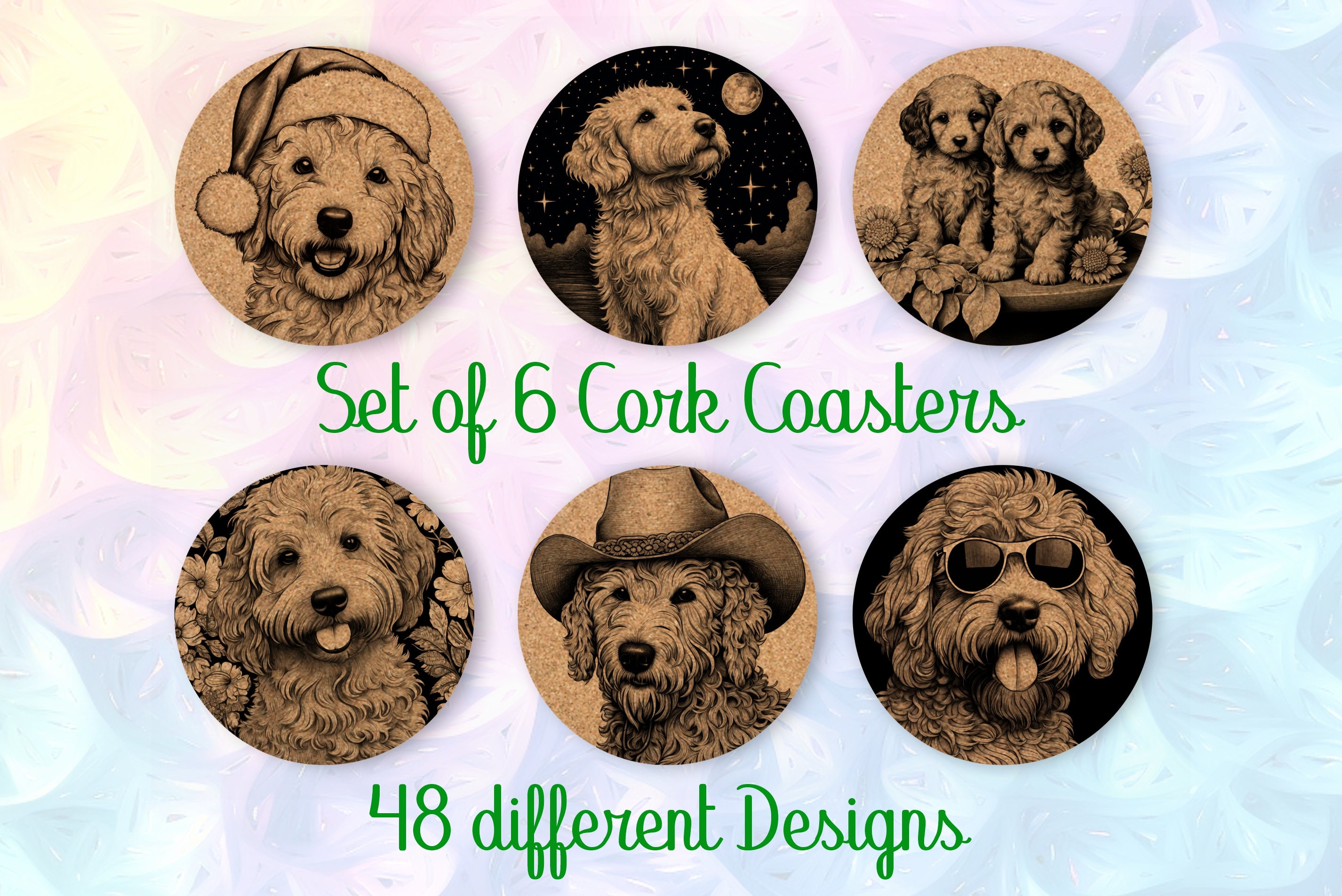 Golden Doodle, Coasters Gift, Set of 6, Cork Coasters With Holder ...