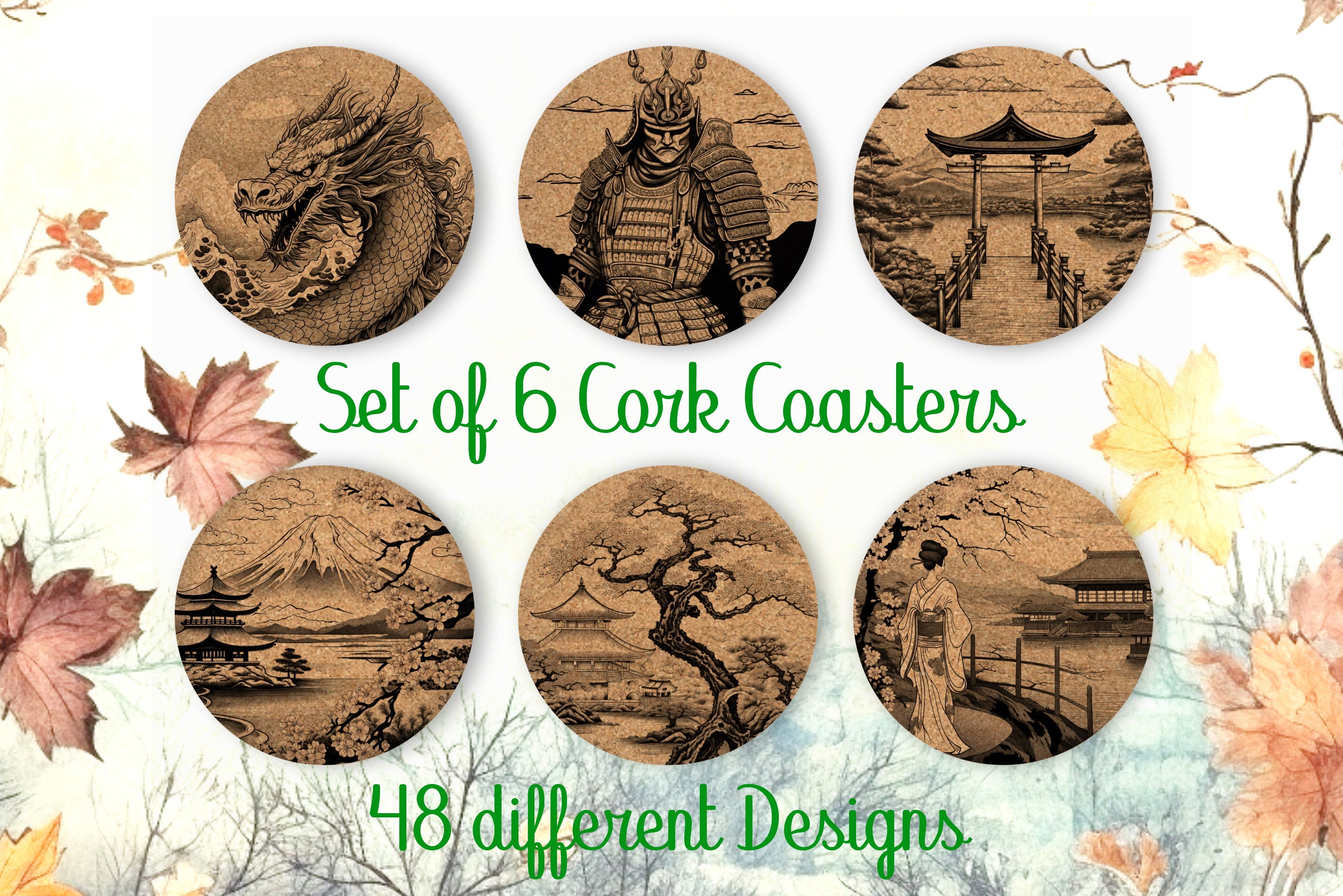 Japanese Art, Coffee Coasters, Set of 6, Cork Coasters With Holder ...