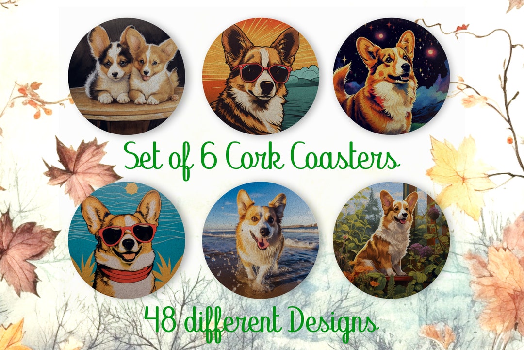 Pembroke Welsh Corgi, Set of 6 Color Cork Coasters With Holder ...