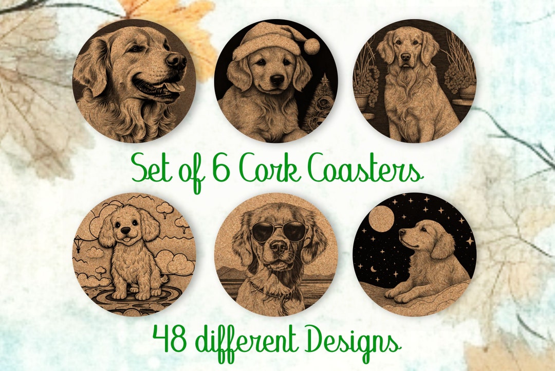 Golden Retriever, Coasters, Set of 6, Cork Coasters With Holder ...