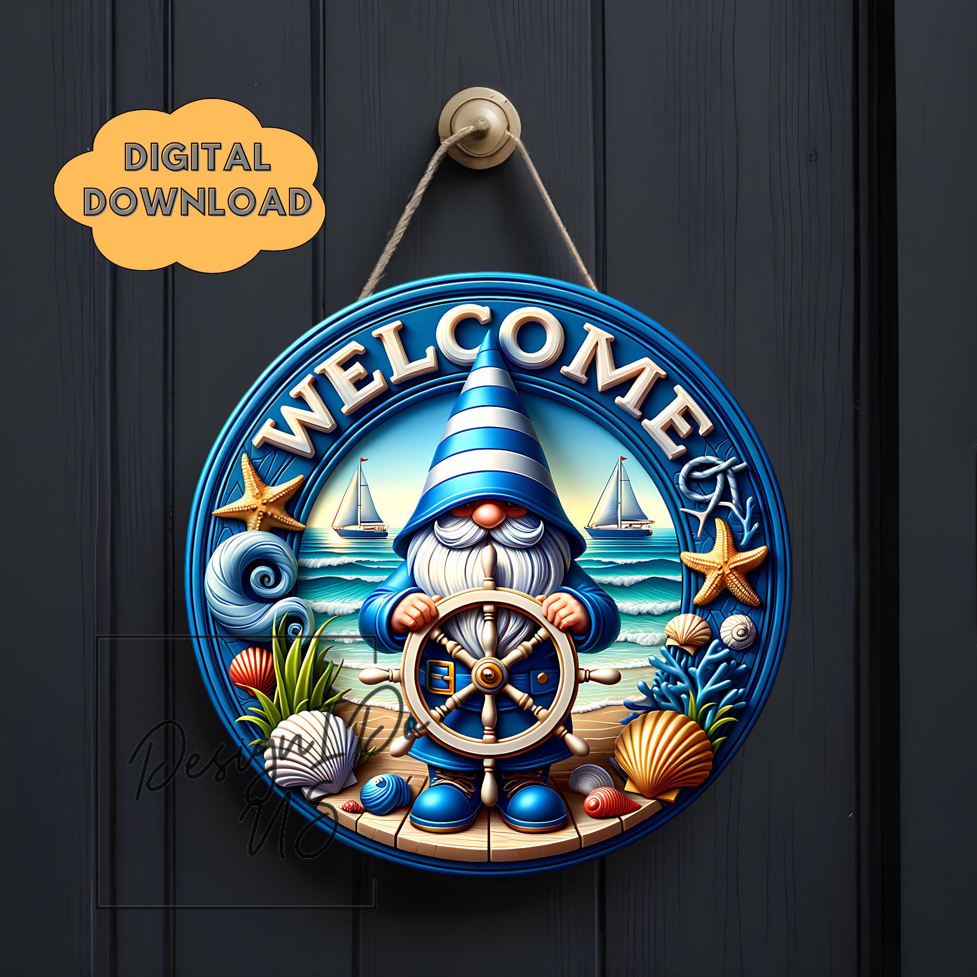3D Gnome Welcome Sign | Nautical Wreath Door Hanger | Instant Digital ...