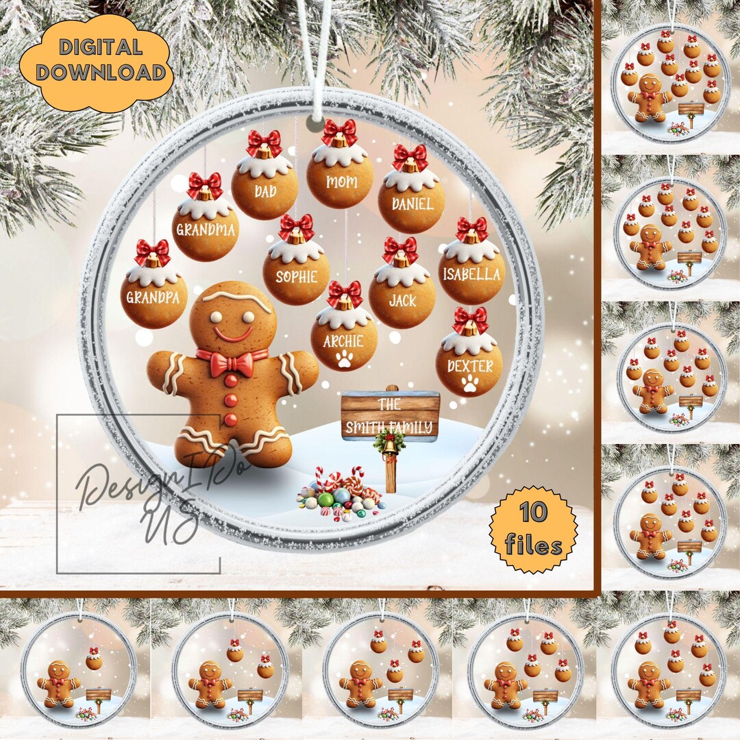 Personalized Family Gingerbread Man Ornament PNG Bundle, Custom Family ...
