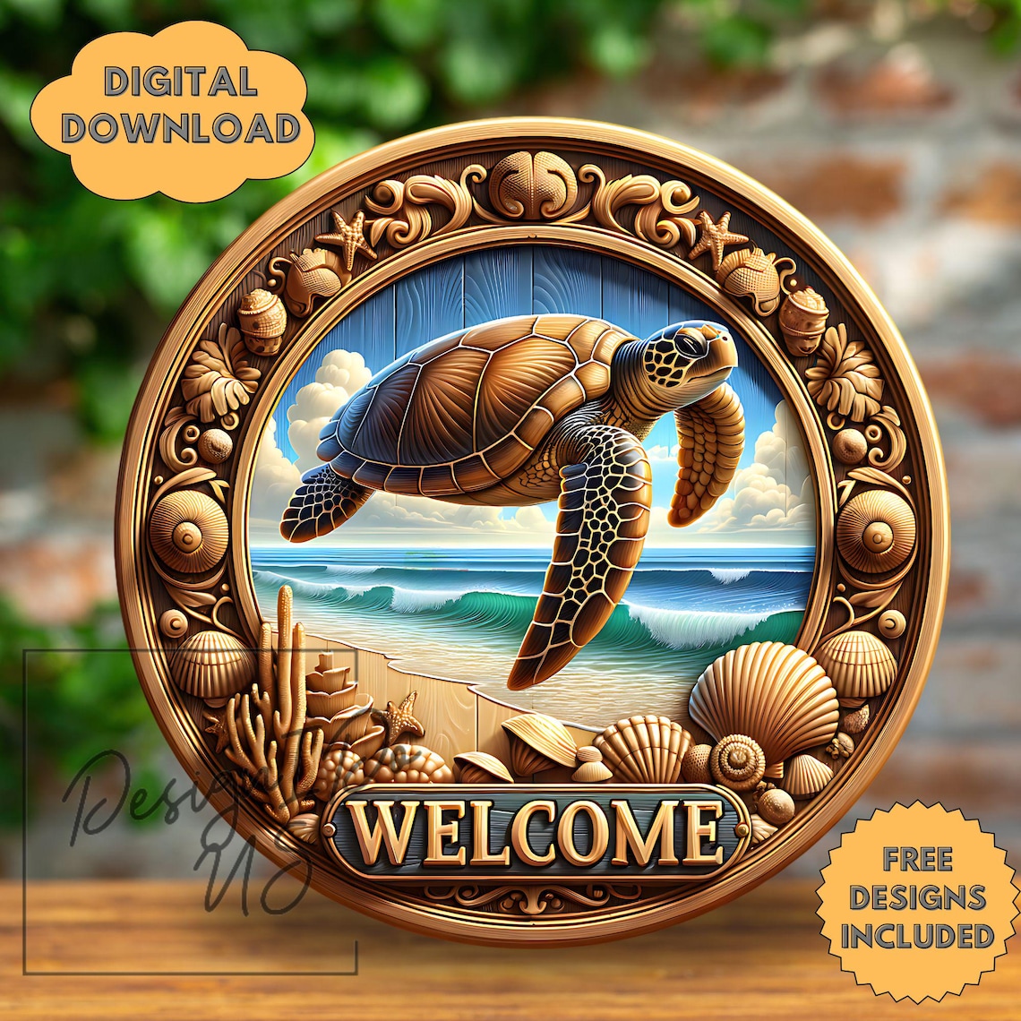 3D Ocean Turtle Welcome Sign Round Sublimation PNG, Instant Digital ...