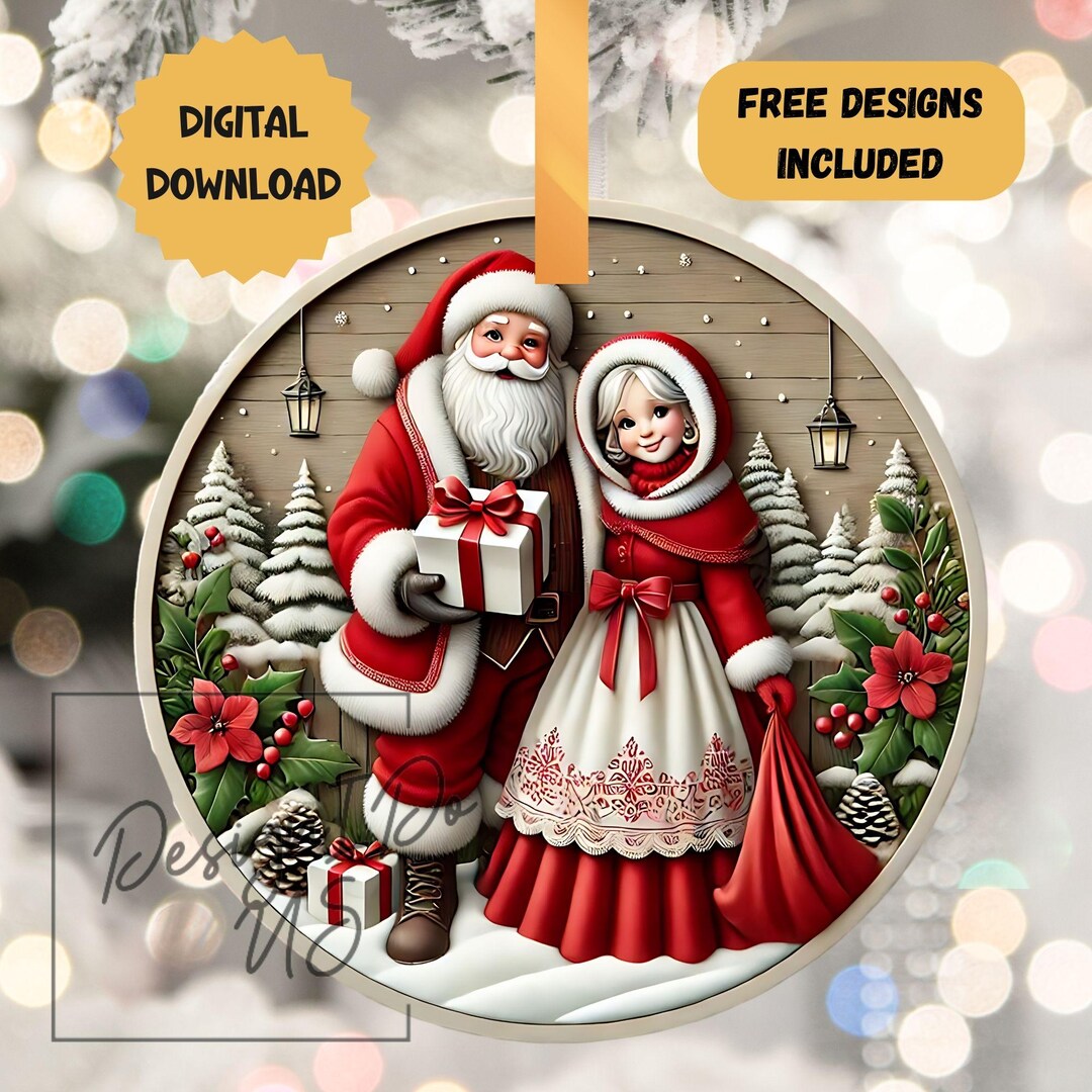 3D Santa Claus Couple Christmas Ornament Sublimation PNG, Instant ...