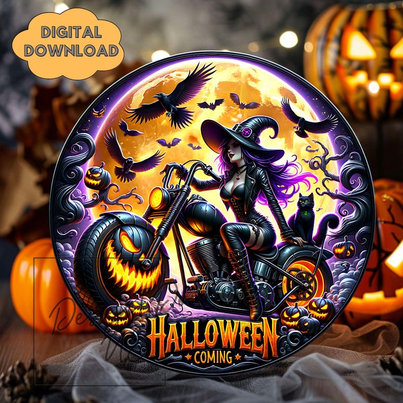 Bienvenida de Halloween 3D PNG, Sublimación de bruja motera, Letrero de ...