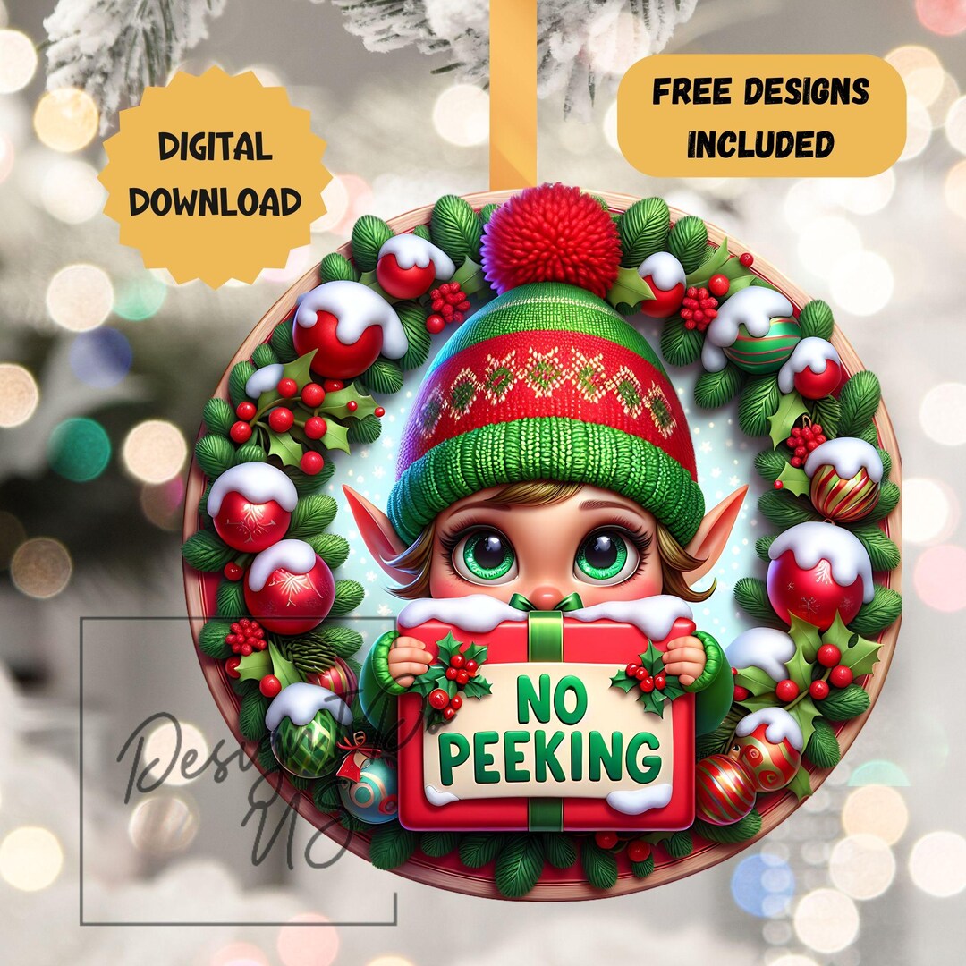 Elf No Peeking Christmas Ornament Sublimation PNG, Instant Digital ...