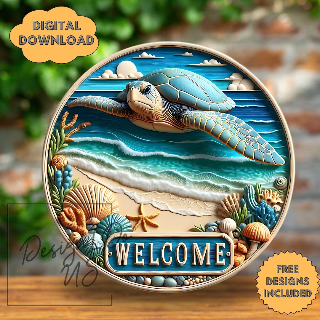 3D Ocean Turtle Welcome Sign Round Sublimation PNG, Instant Digital ...