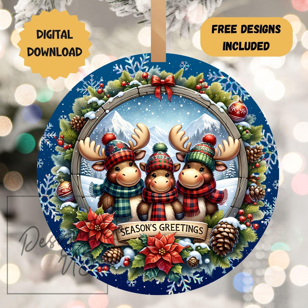 Reindeer Christmas Ornament Sublimation PNG, Round Holiday Instant ...