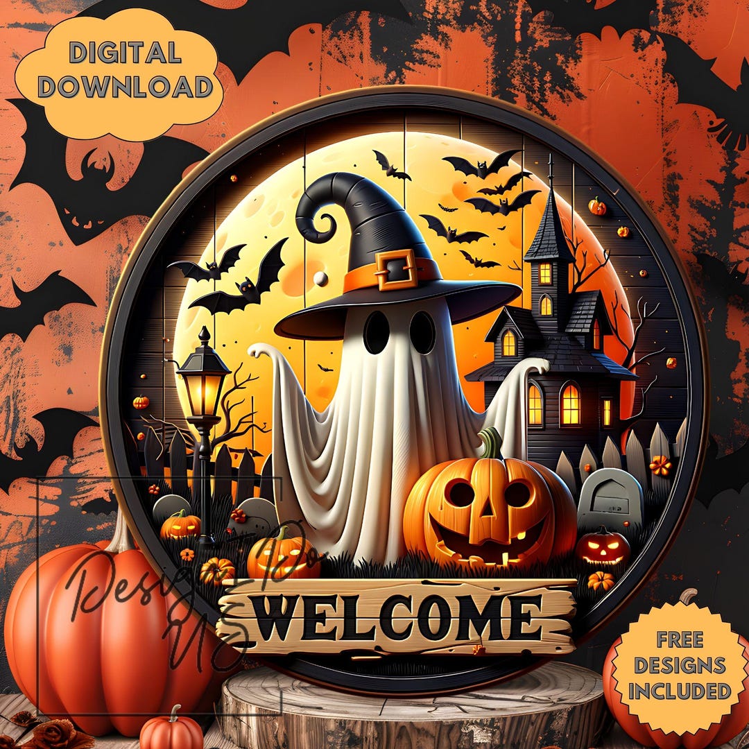 3D Halloween Welcome Png, Ghost Sublimation, Wreath Sign & Rustic Door ...
