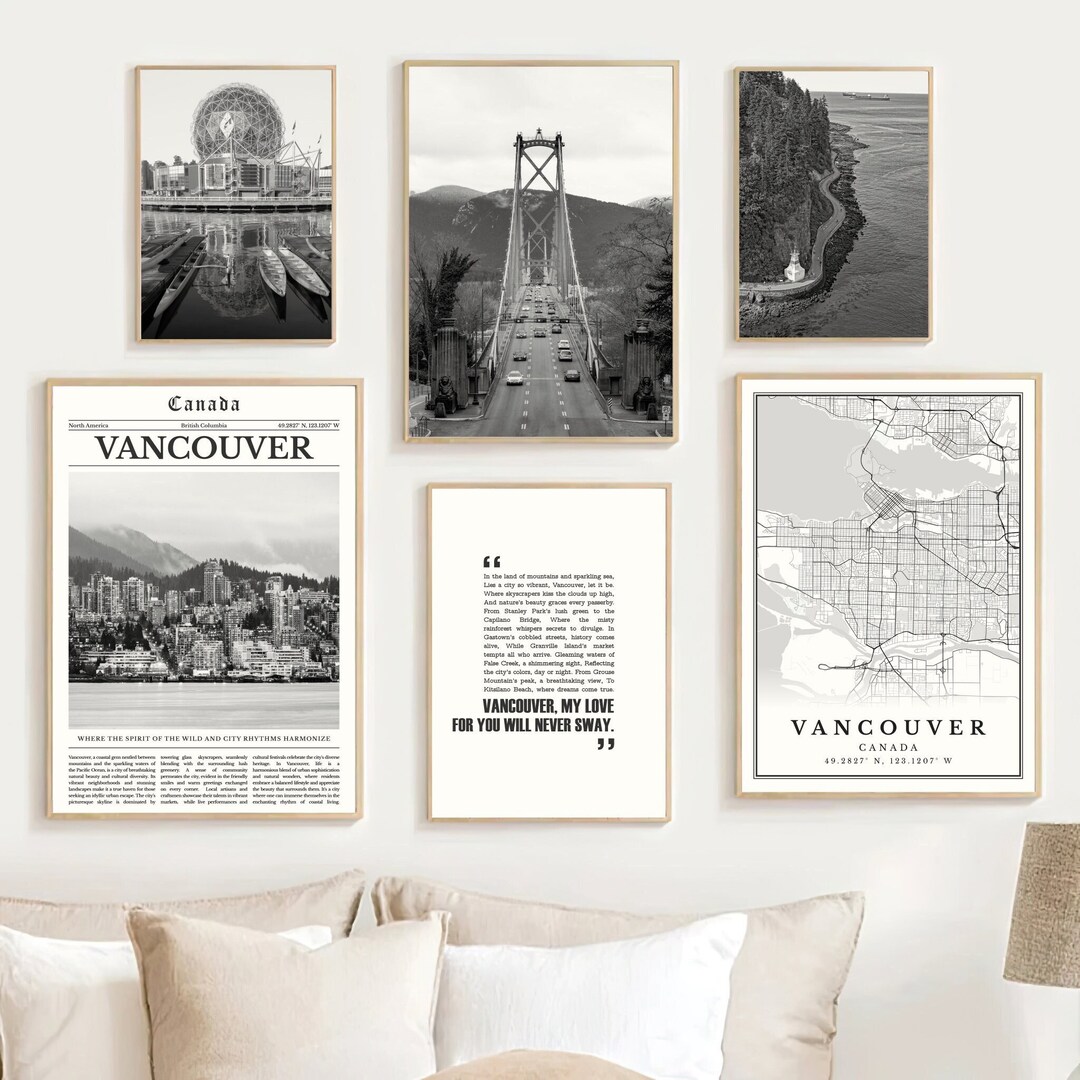 Digital Vancouver Black and White Print Set of 6, Vancouver Map Print ...