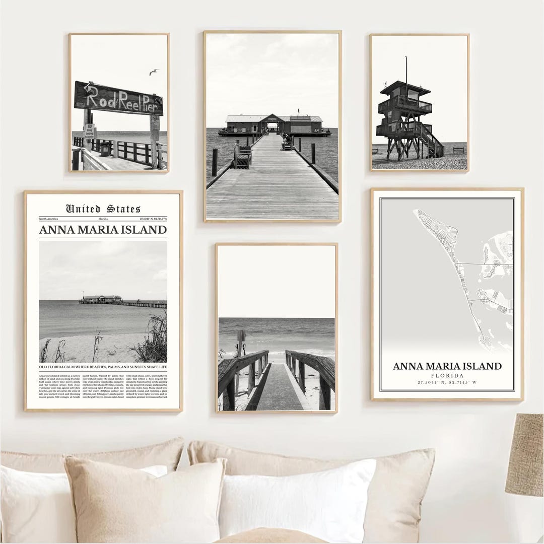 Anna Maria Island Print Set of 6, Black and White Anna Maria Map Home ...