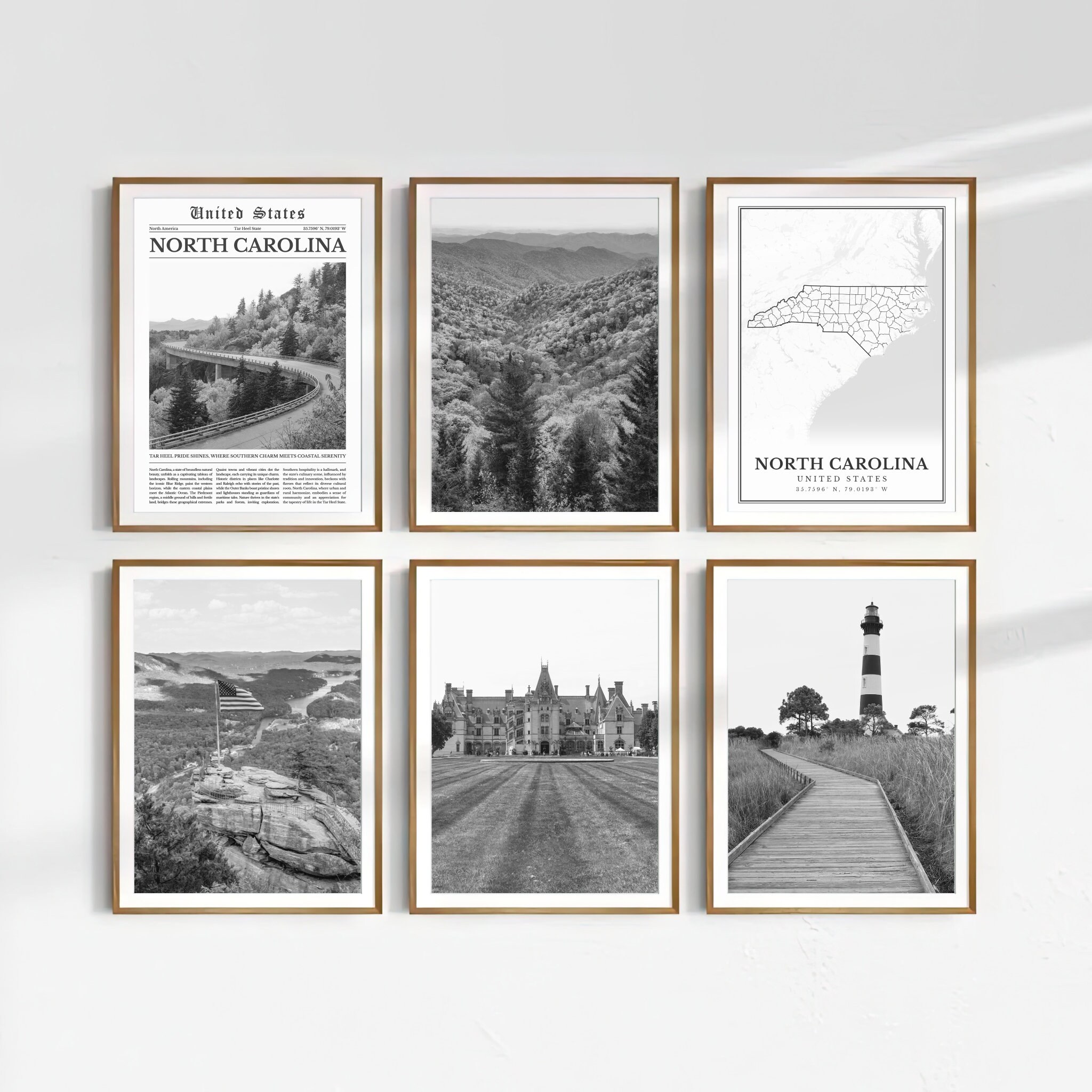 Digital North Carolina State Print Set of 6, Black and White North ...