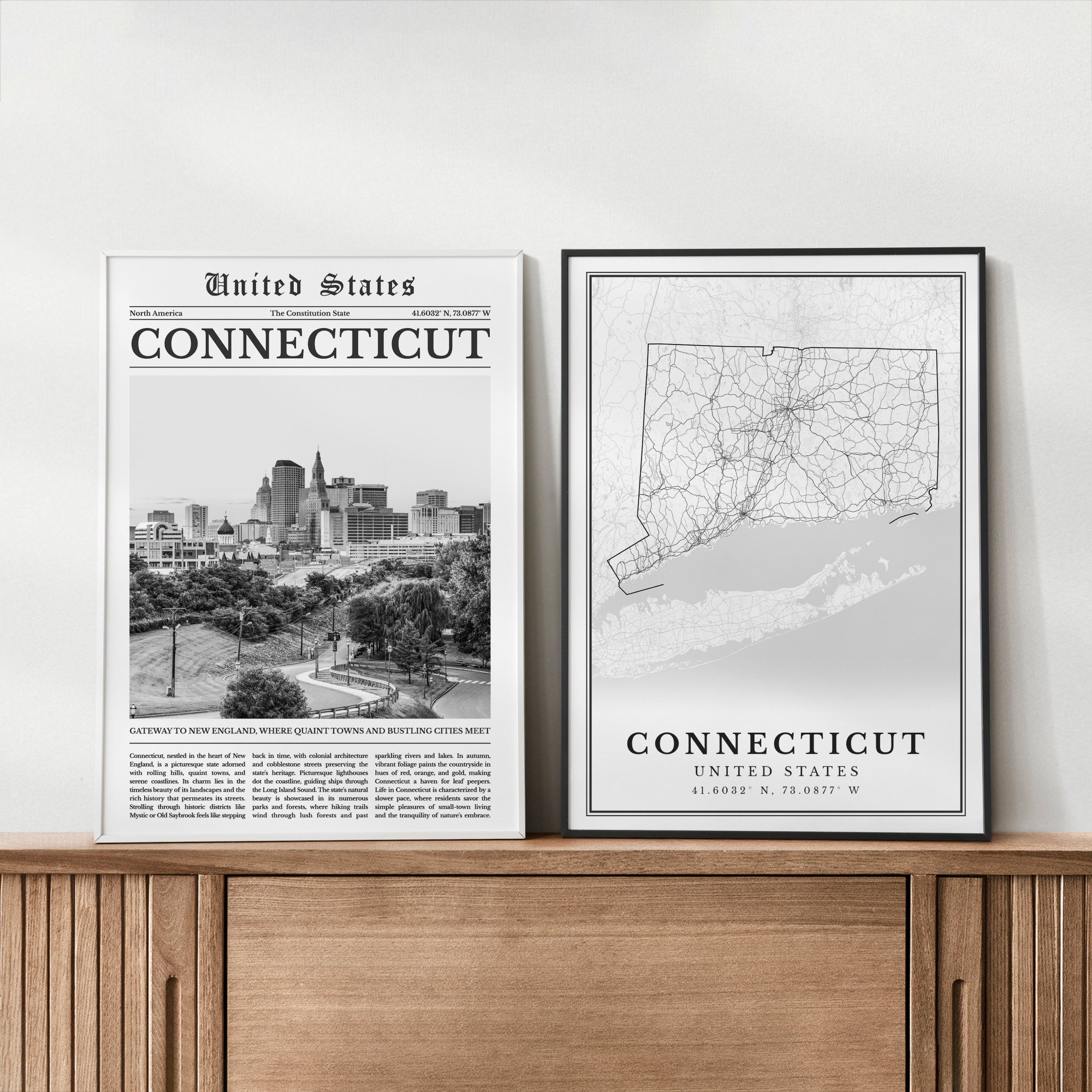 Connecticut Prints Set of 6, Black and White Connecticut Map Decor ...