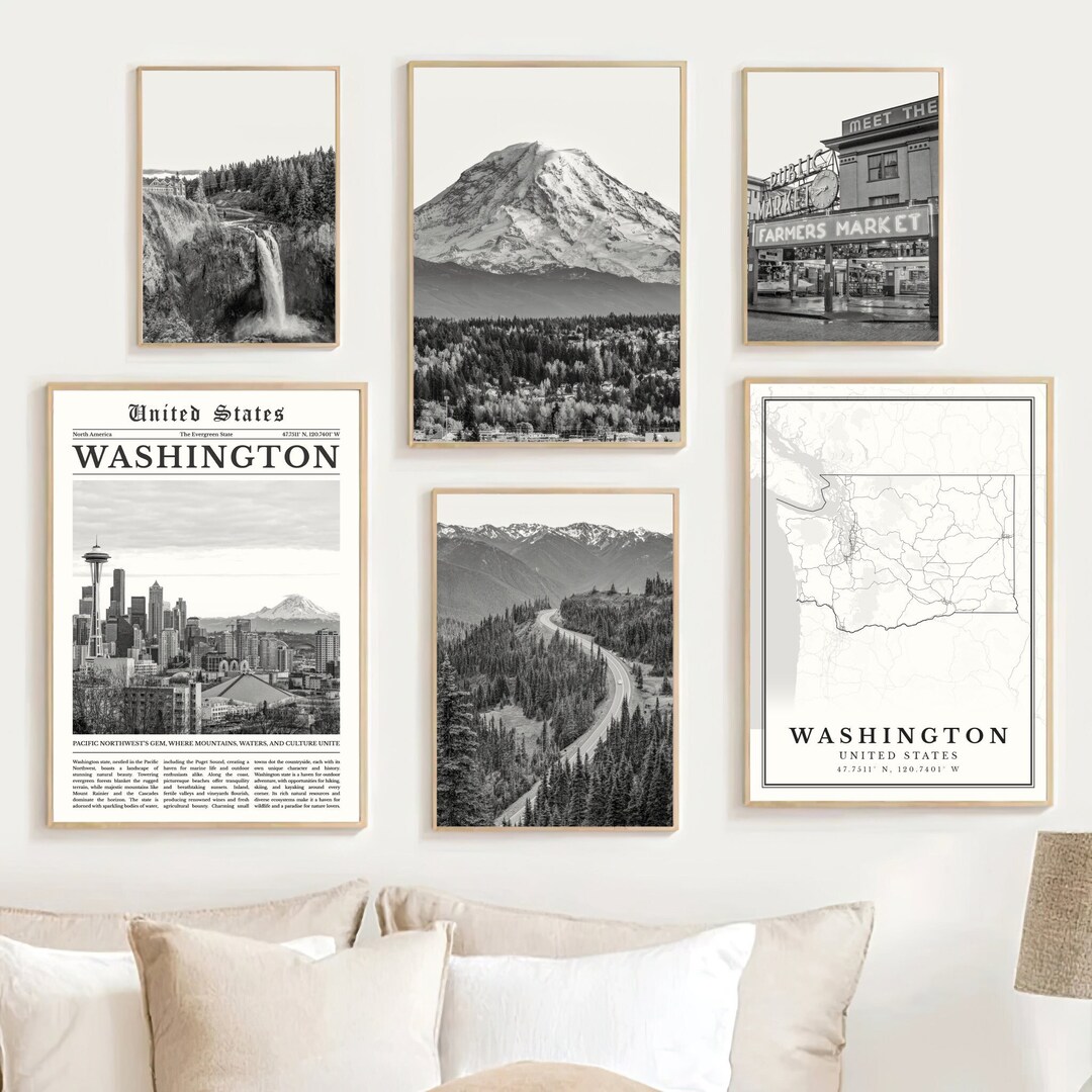 Washington State Print Set of 6, Black and White Washington Map Decor ...