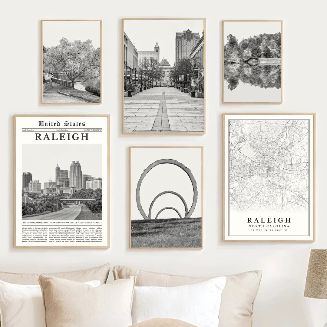 Raleigh NC Print Set Of 6, Black and White Raleigh Map, Raleigh Wall ...