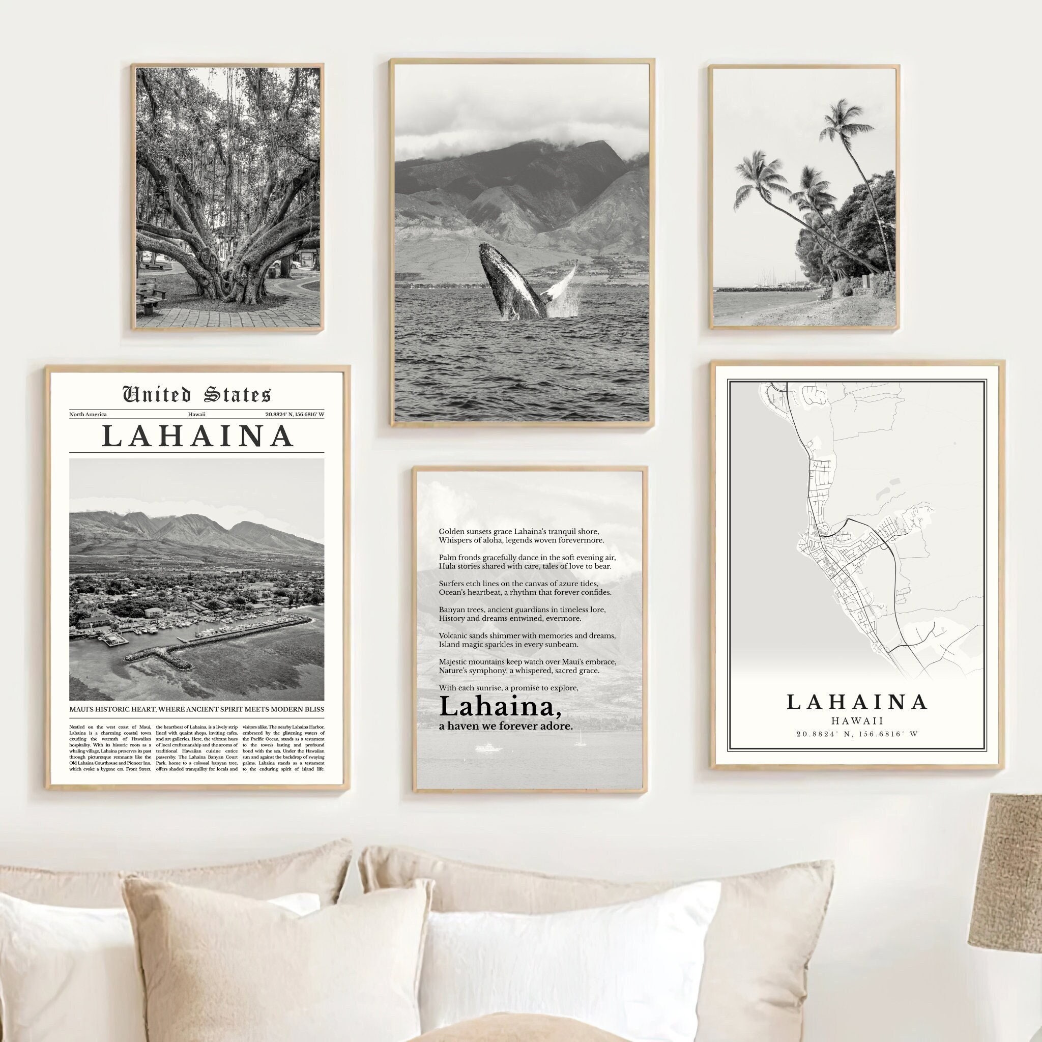 Digital Lahaina Maui Hawaii Print Set of 6, Black and White Lahaina Map ...