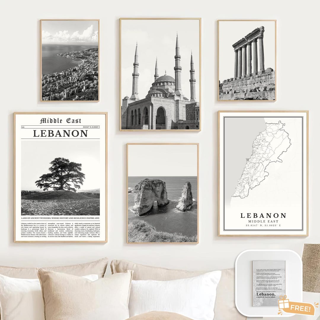 Digital Lebanon Print Black and White Set of 6, Lebanon Map, Lebanon ...