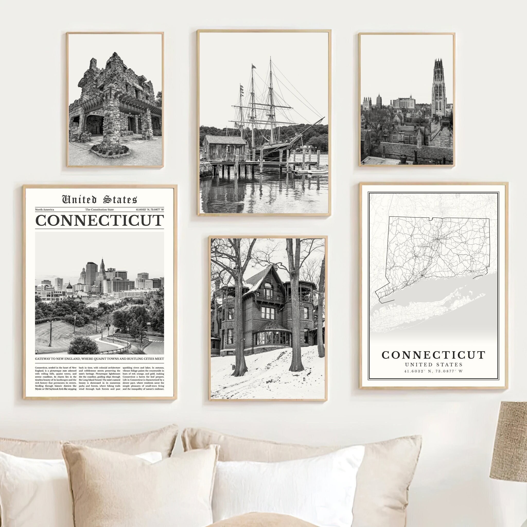 Connecticut Prints Set of 6, Black and White Connecticut Map Decor ...