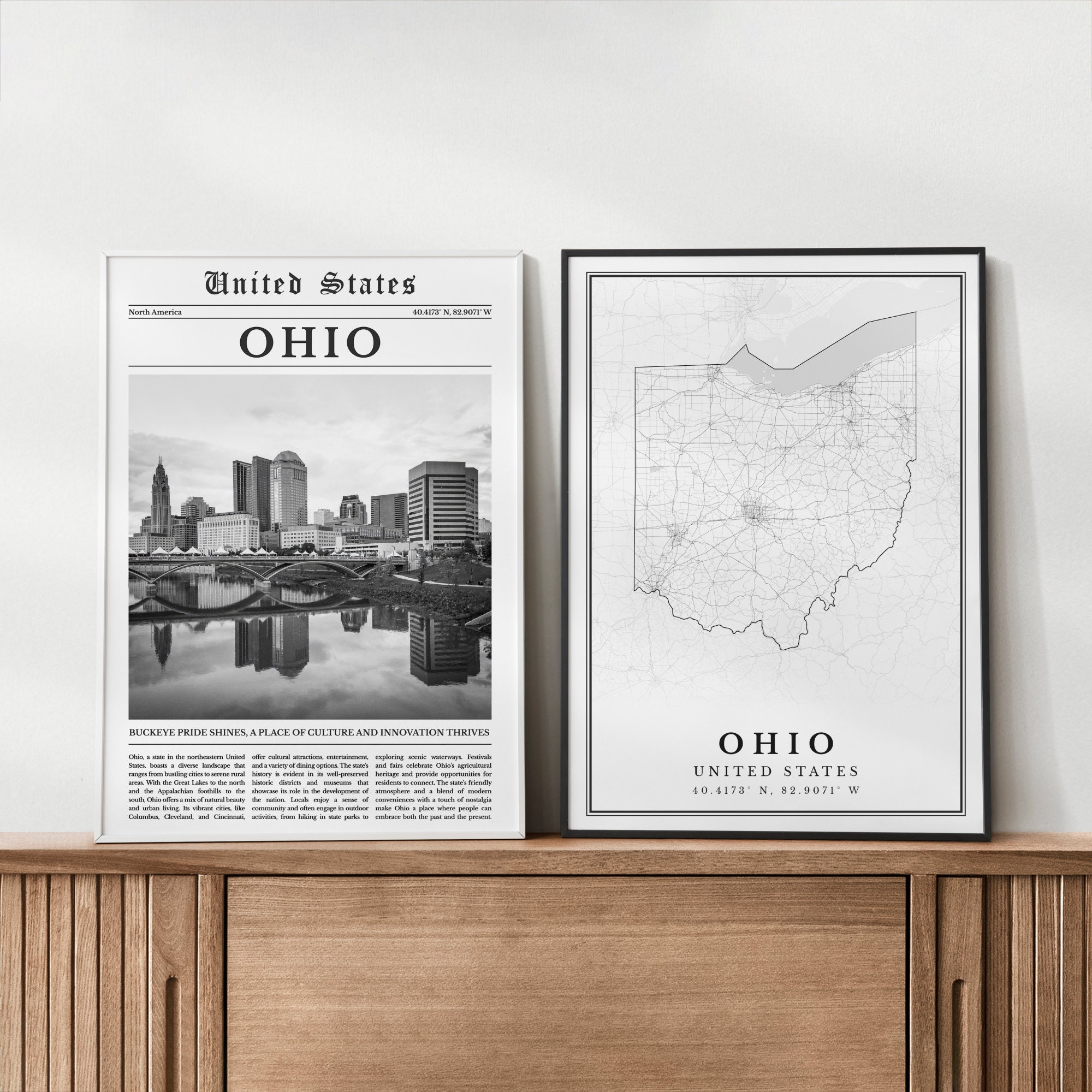 Digital Ohio Print Set of 6 Black and White, Ohio State Map, Ohio Wall ...