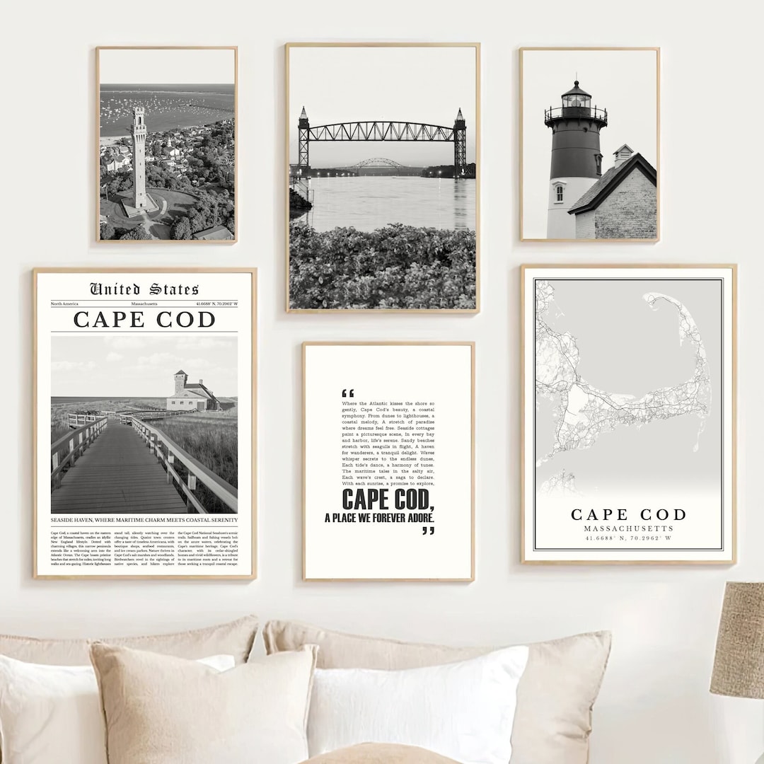 Digital Cape Cod Prints Set of 6, Black and White Cape Cod Map Decor ...