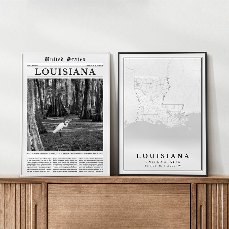Louisiana Print Set of 6, Black and White Map Decor, New Orleans Travel ...