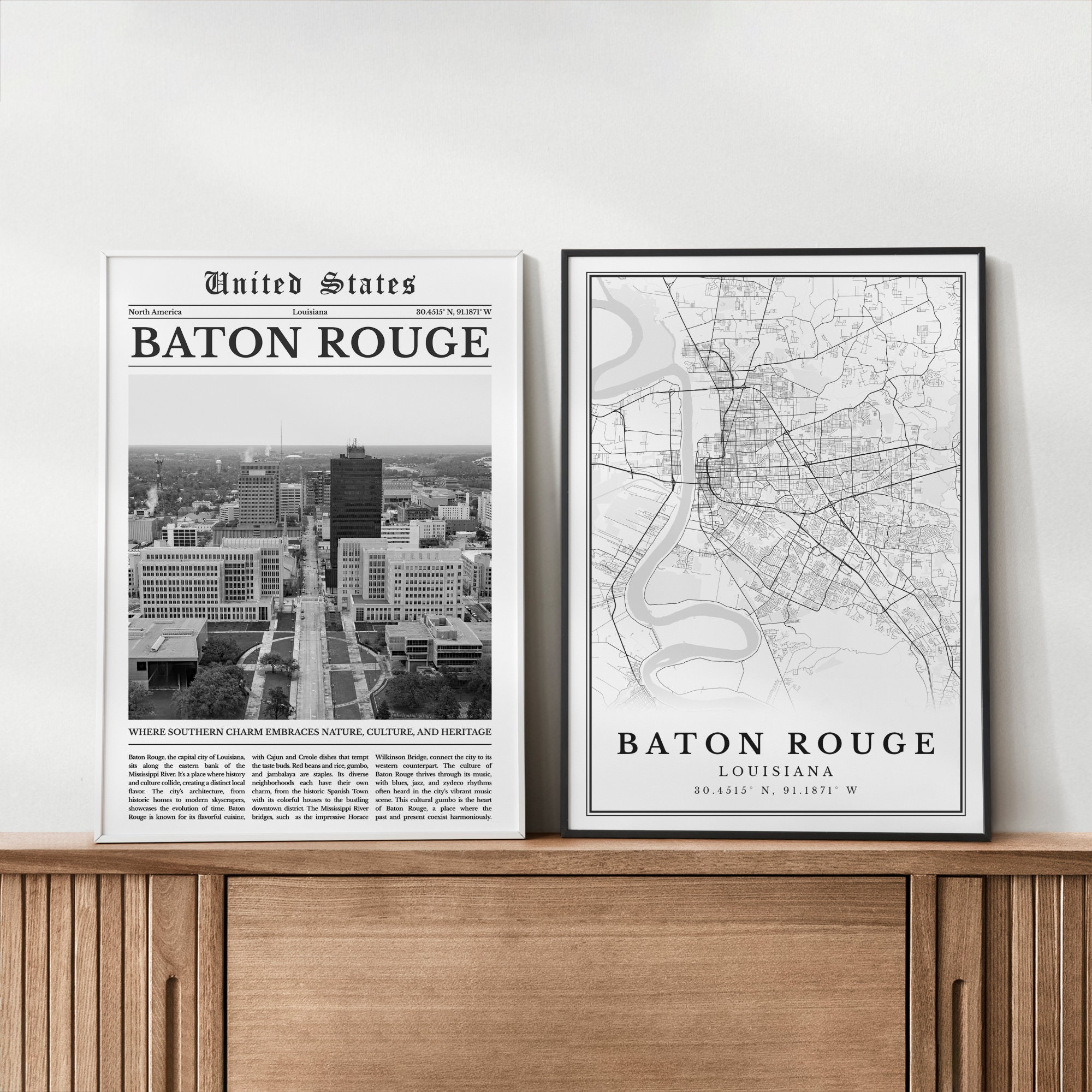 Baton Rouge City Prints Set of 6, Black and White Baton Rouge Map Photo ...