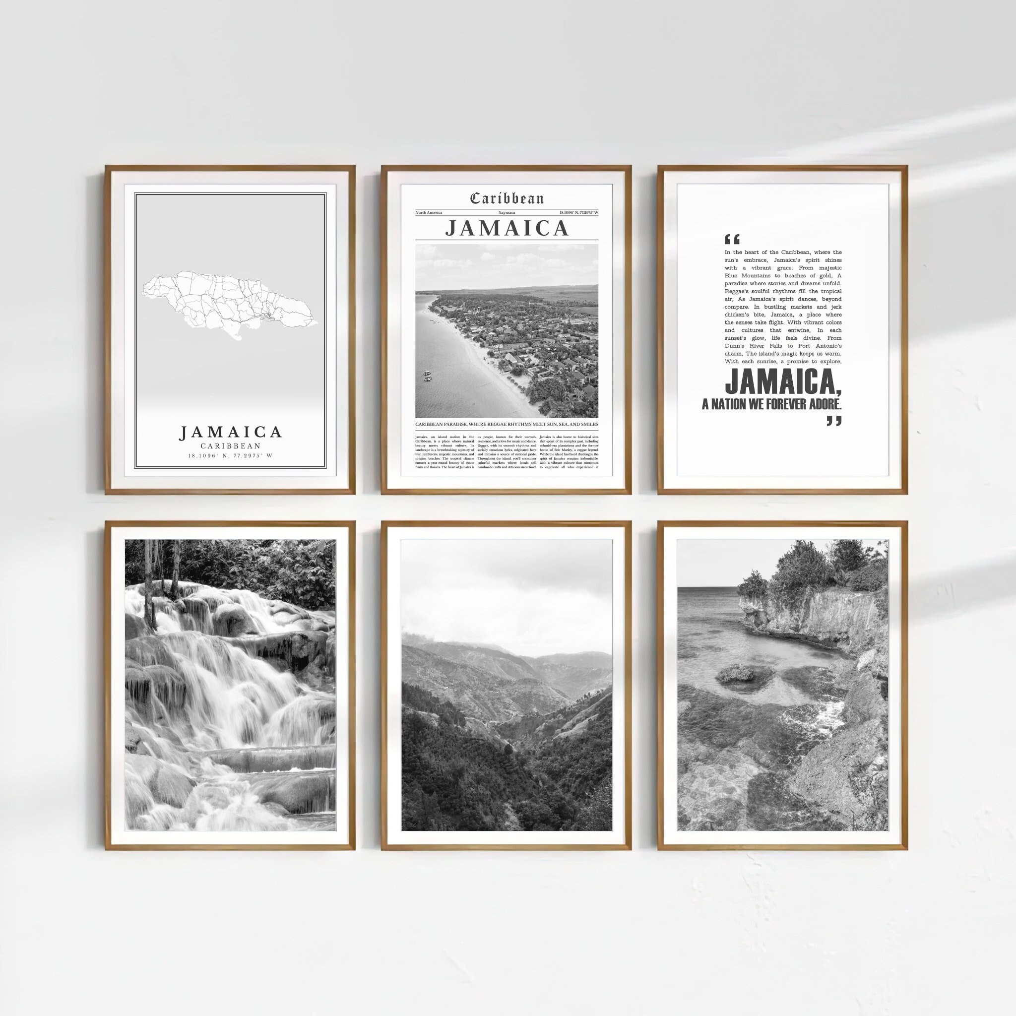 Digital Jamaica Art Set of 6, Black and White Jamaica Prints, Jamaica ...