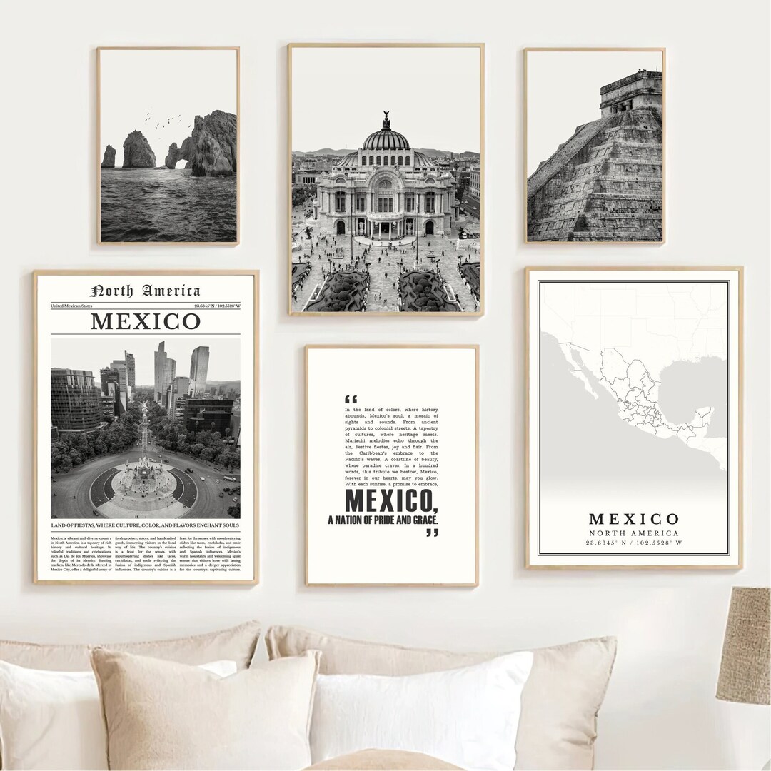 Digital Mexico Black and White Art Set of 6, Mexico Prints Wall Art ...
