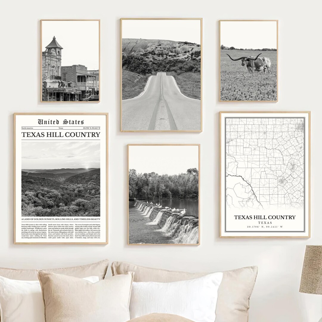 Texas Hill Country Print Set of 6, Black & White Map, Farmhouse Wall ...